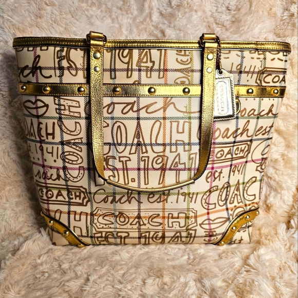 Coach | Bags | Coach Heritage Gold Graffiti Tattersall Leather Tote ...